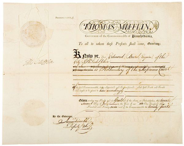 2034: THOMAS MIFFLIN, 1799 Signed Appointment - May 08, 2007 | Early ...