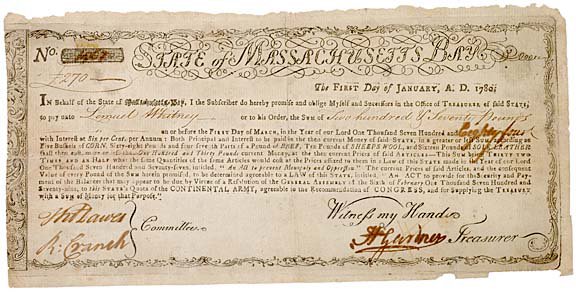 3013: 1780, MASSACHUSETTS Treasury Certificate