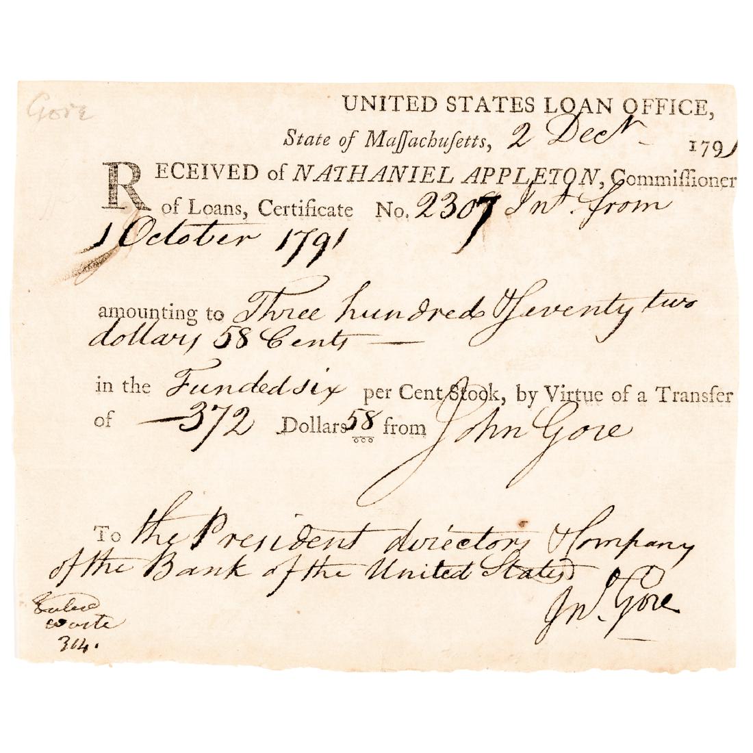 1791 First Year Charter Bank Of The U.s. Receipt