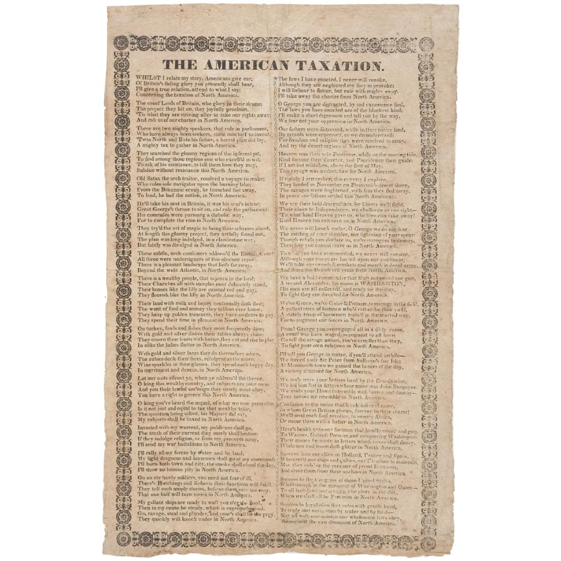 Historic THE AMERICAN TAXATION Broadside Poem