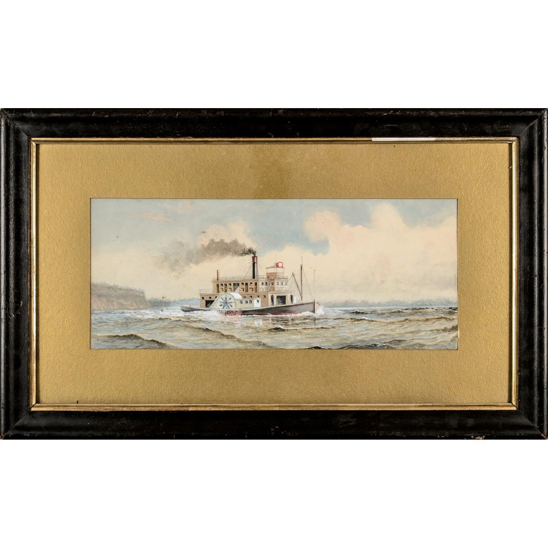 1880s Side Wheeler Steamship Watercolor Painting