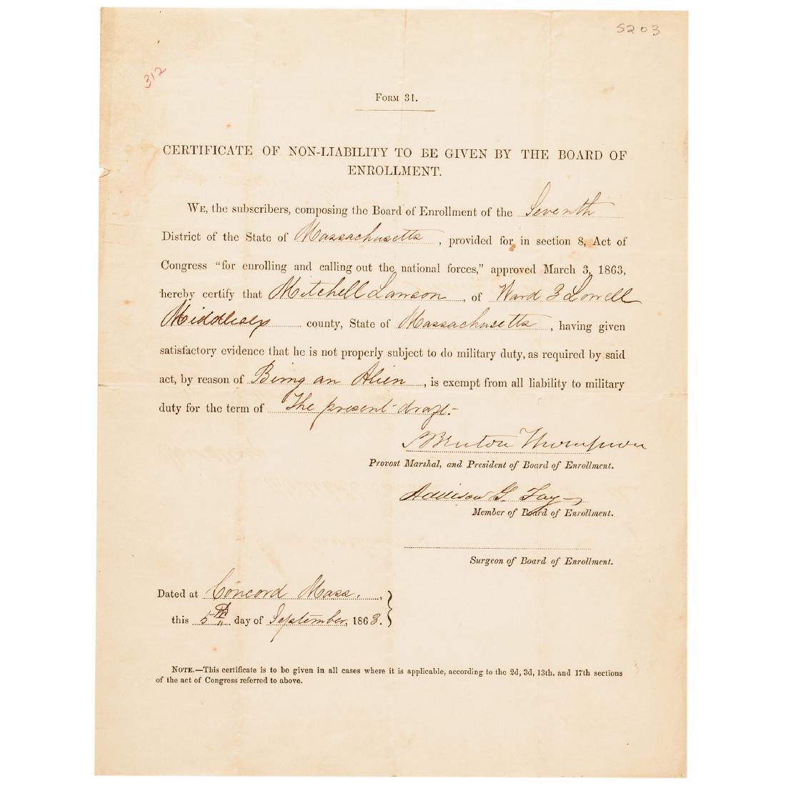1863 Union Draft Exemption Certificate as Alien