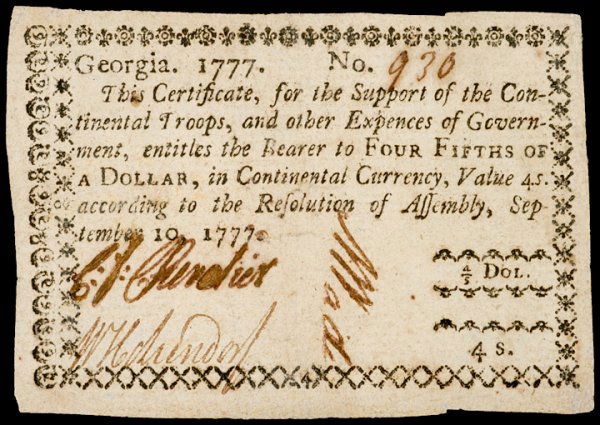 2019: Colonial Currency, Georgia, Sept. 10, 1777, $4/5