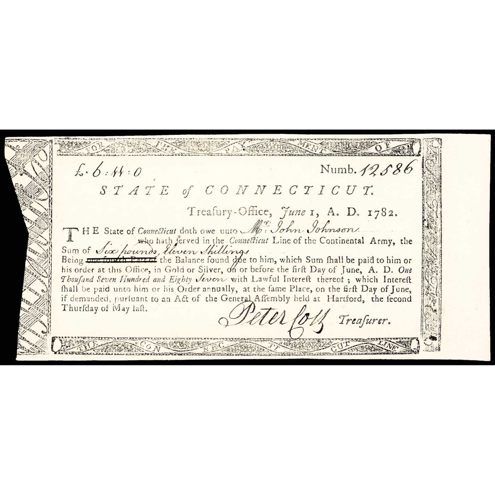 1782 Ct. Continental Army Treasury Certificate