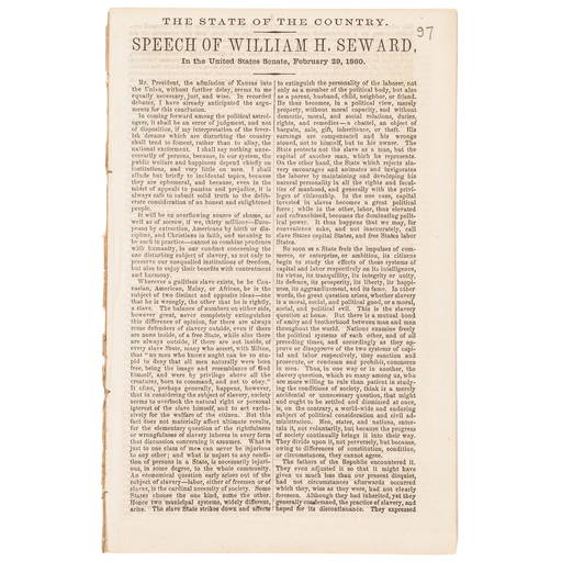 1860 Seward Senate Imprint: State Of The Country
