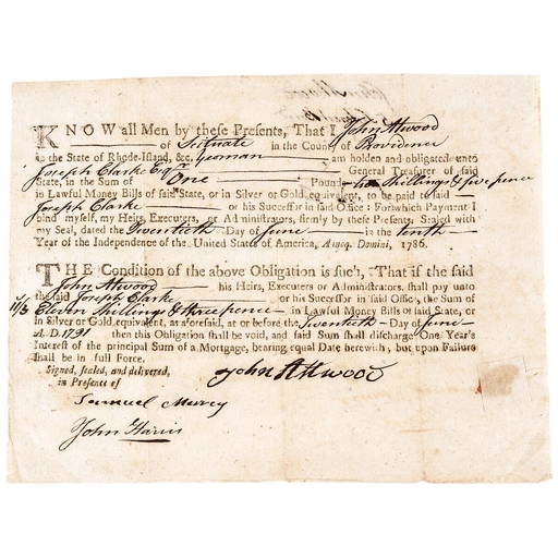 1786 Colonial, Ri. Land Office Mortgage Bond