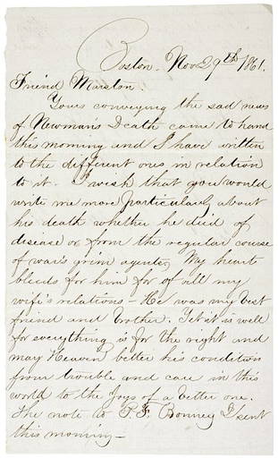 1861 Letter: Captain Marston Re Soldiers Death