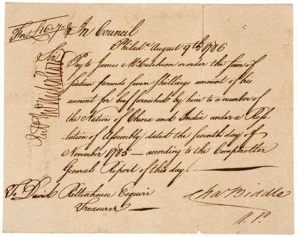 228: 1786 Manuscript Document Signed CHARLES BIDDLE
