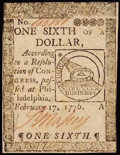 Continental Currency, 1776, "fugio" Note $1/6