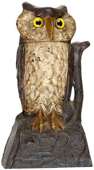 990: c. 1890 Cast Iron Turn-Head Owl Mechanical Bank