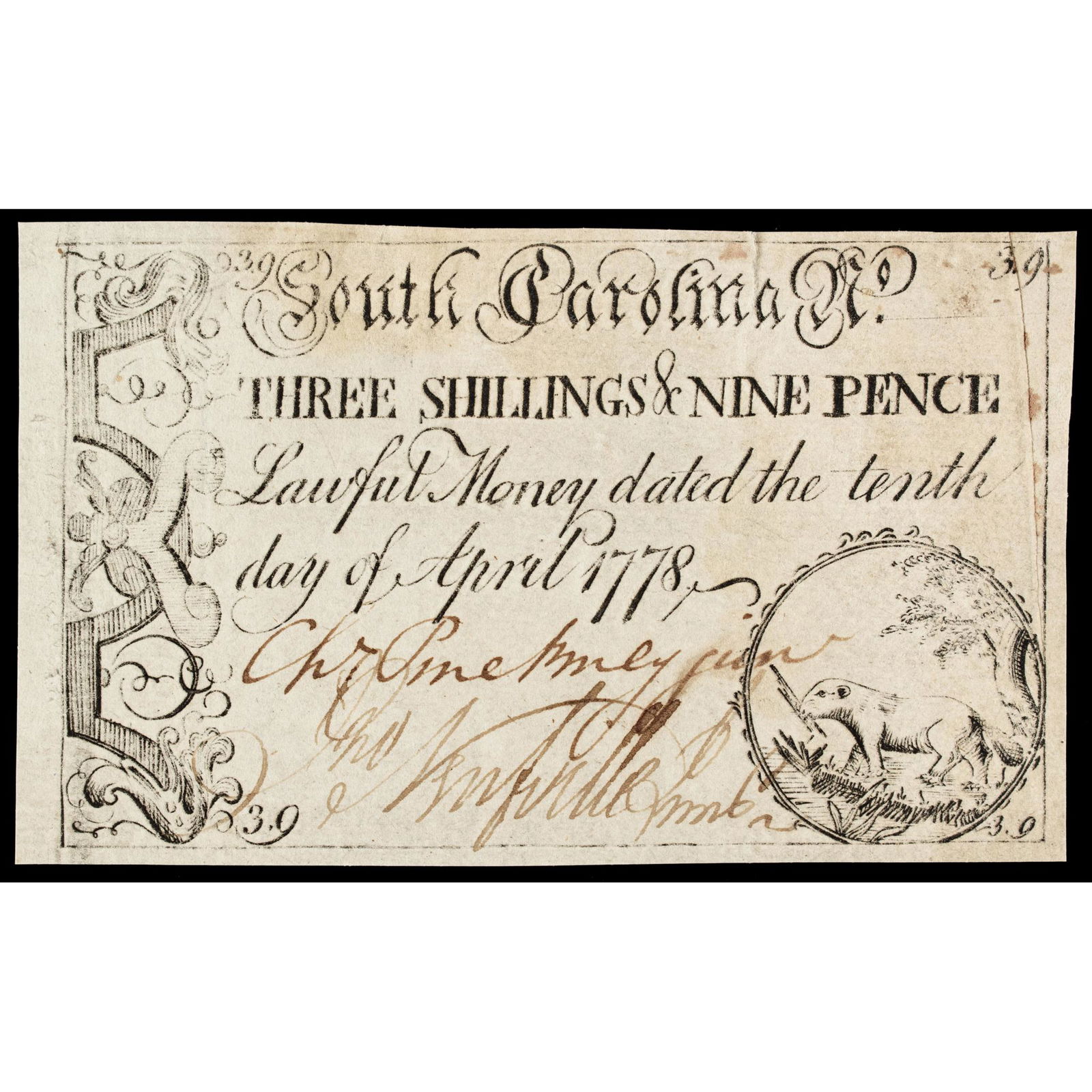 Sc. Colonial Currency Signed Charles Pinckney, Jr