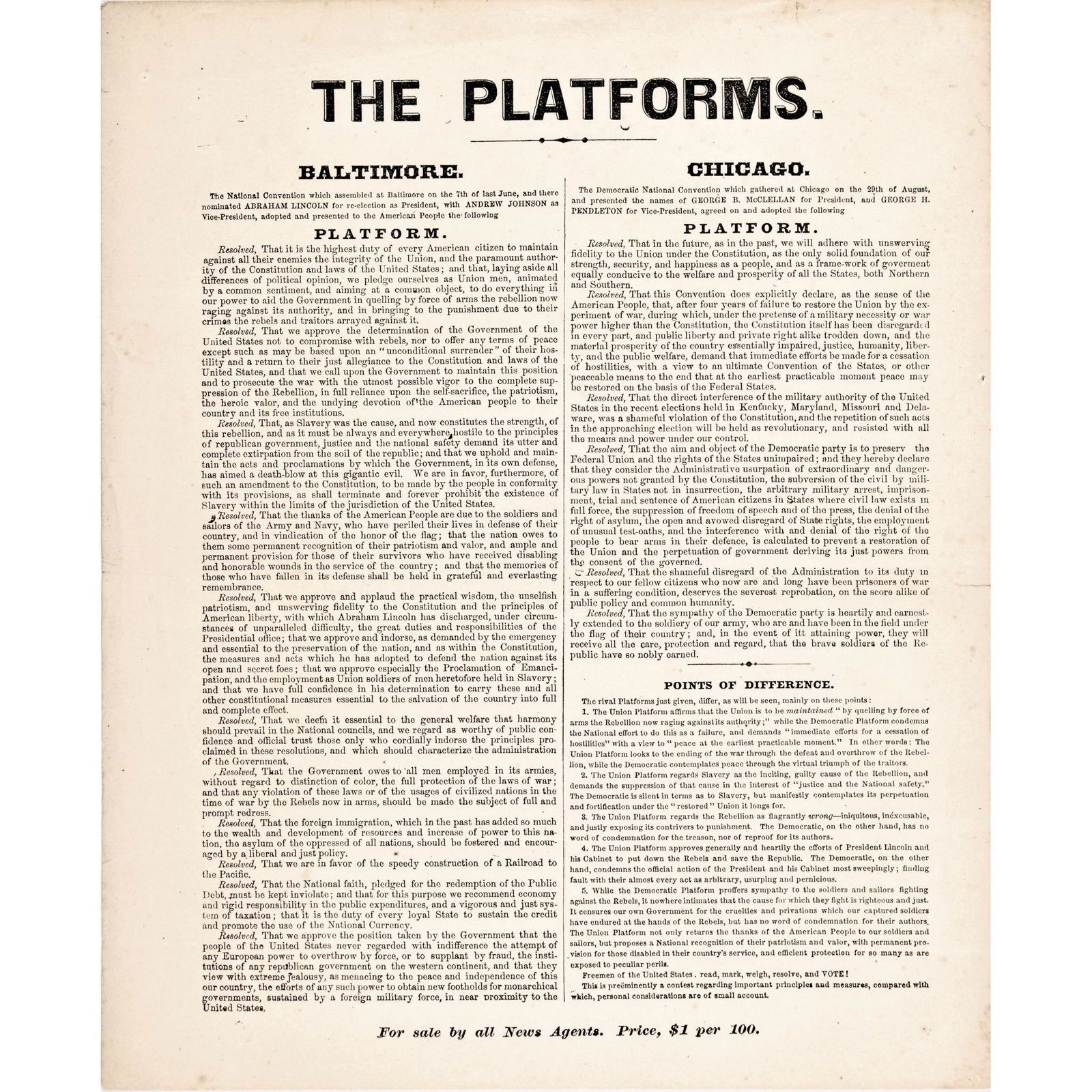 1864 The Platforms Presidential Campaign Broadside