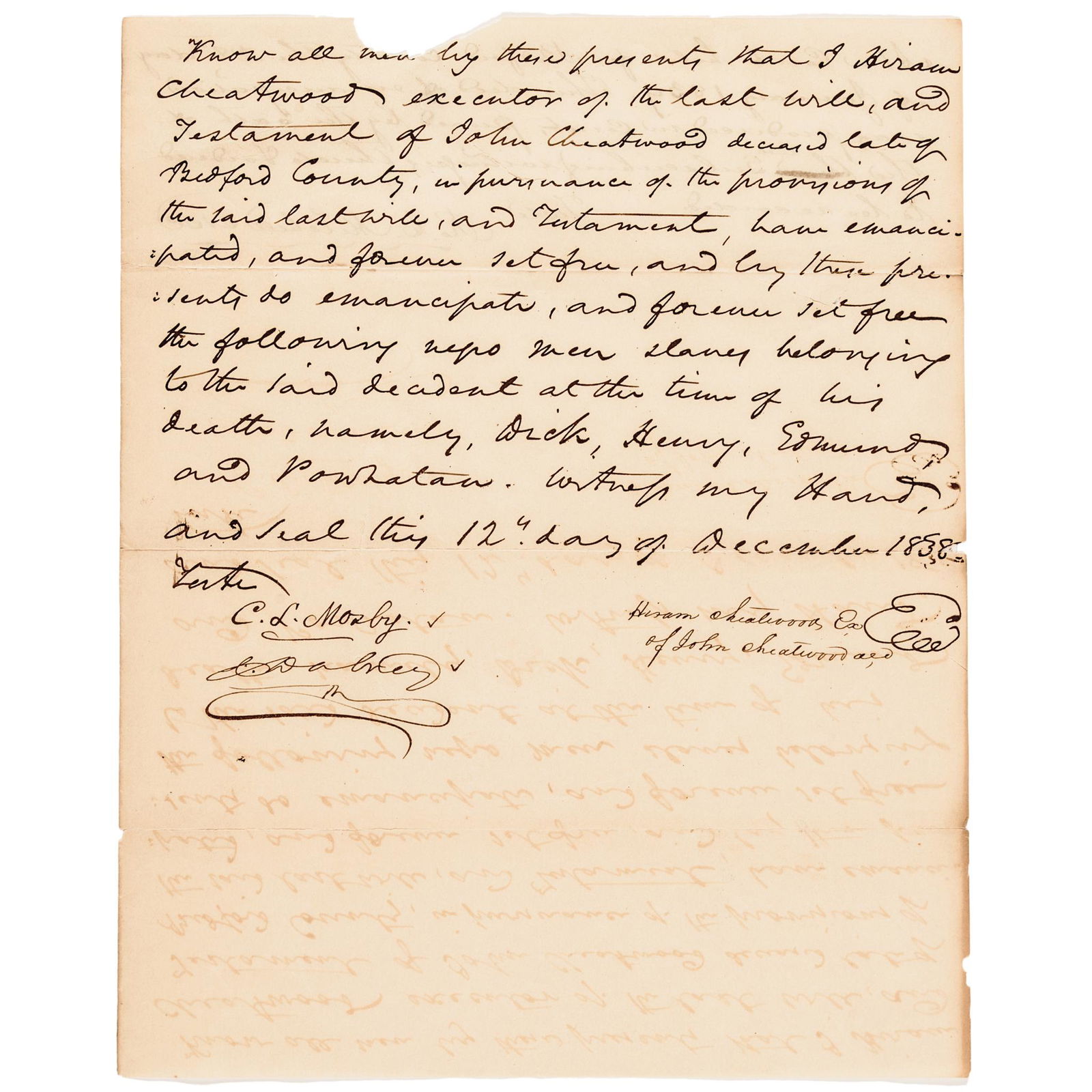 1838 Slave Emancipation Document 4 Slaves Freed