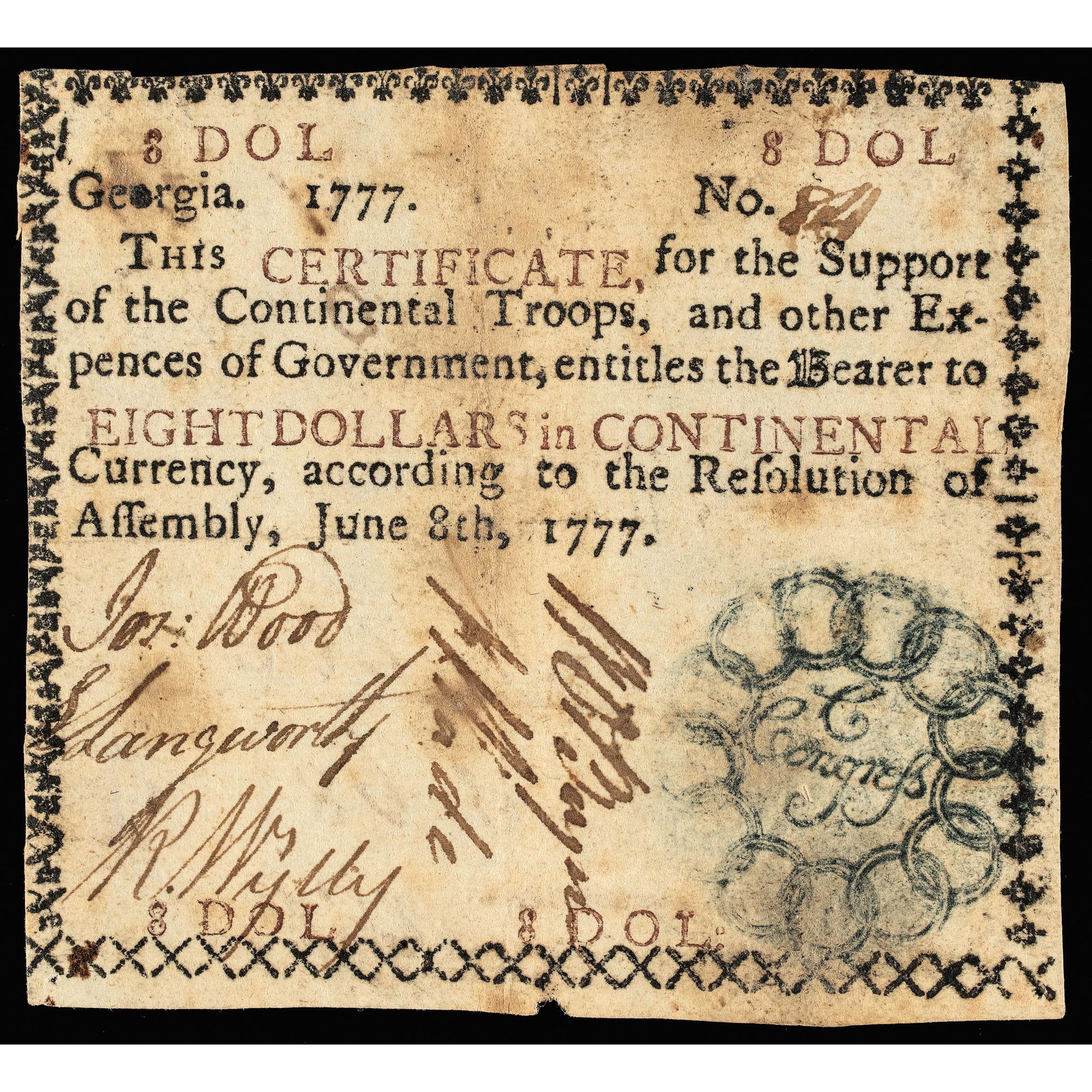 Colonial Currency, Ga. June 8, 1777 $8 Congress Thirteen Links Note