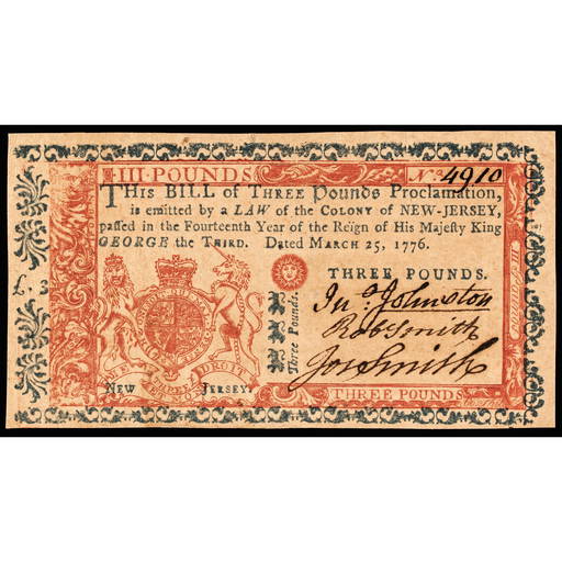Colonial Currency, Nj. 3 Pounds March 1776 Gem Cu
