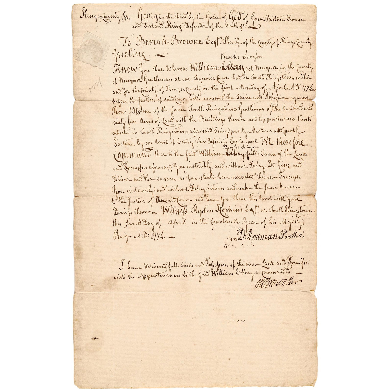 1774 William Ellery Of Newport, Ri Writ Of Seisin