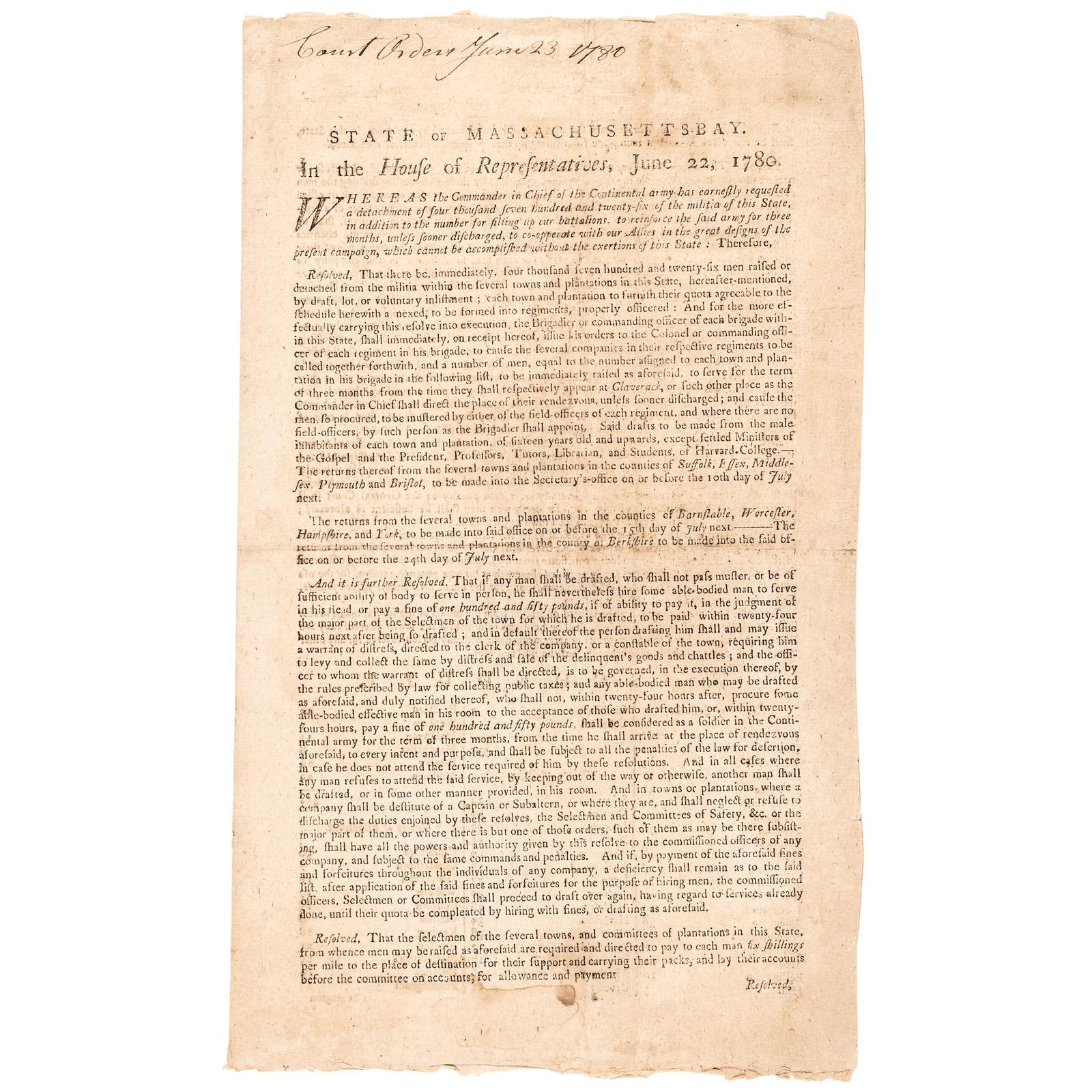 1780 Revolutionary War John Hancock Ma. Draft Act