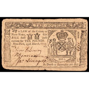 Colonial Currency, New York, March 25, 1755, Ten Pounds Note, Pmg ...