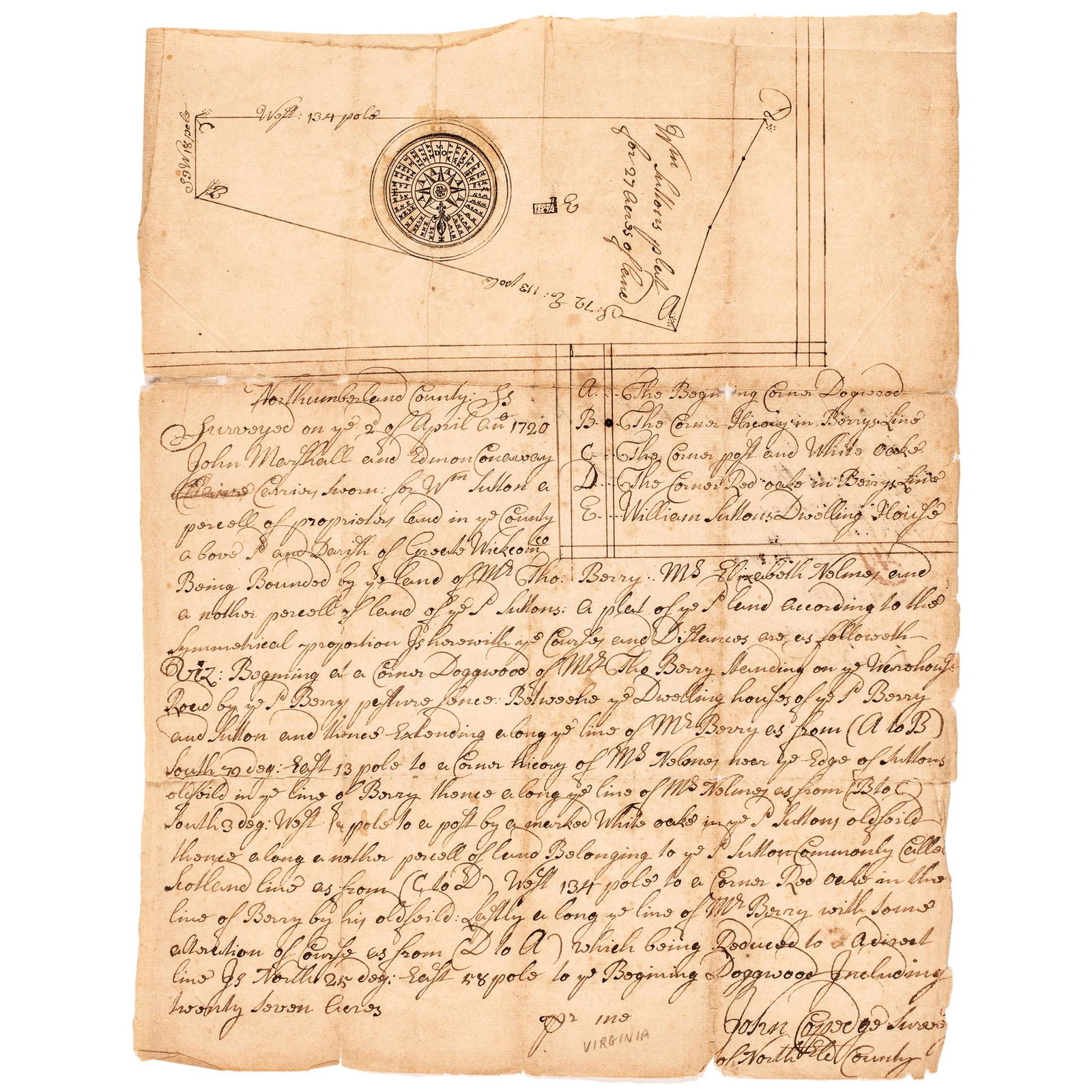 1720 Virginia Manuscript Deed + Map Plot Document