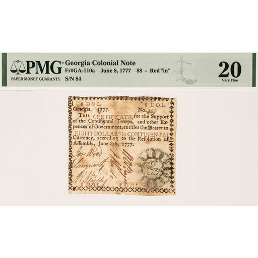 Colonial Currency, GA. June 8, 1777 $8 Congress Thirteen Links Note ...