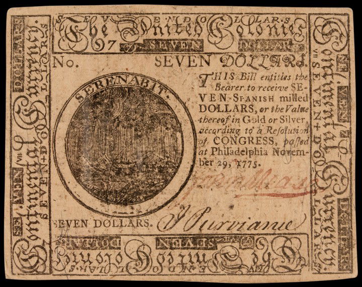 Continental Congress. November 29, 1775. Seven Dollars.