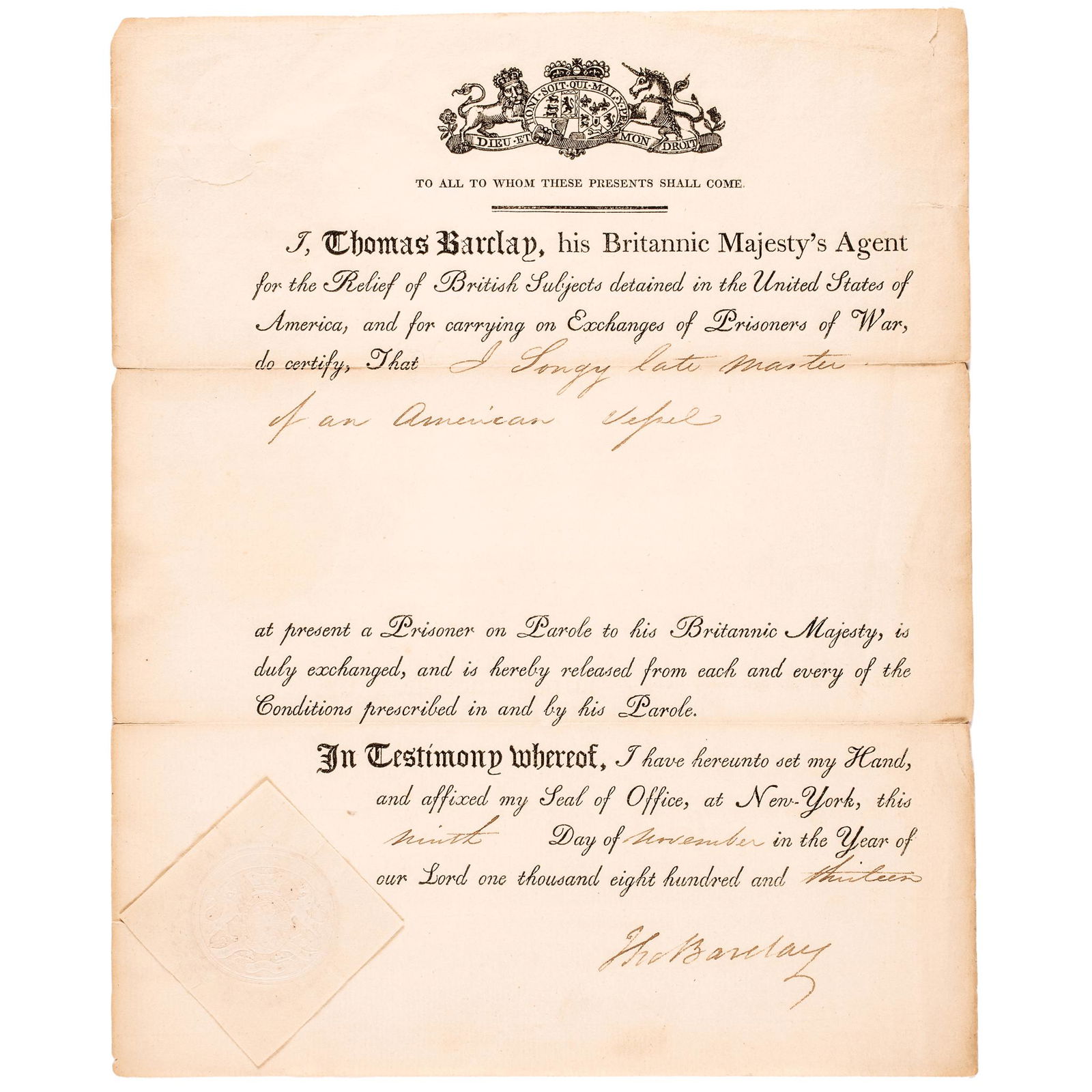 War of 1812 Official Exchange Document for a Captured American Ships ...