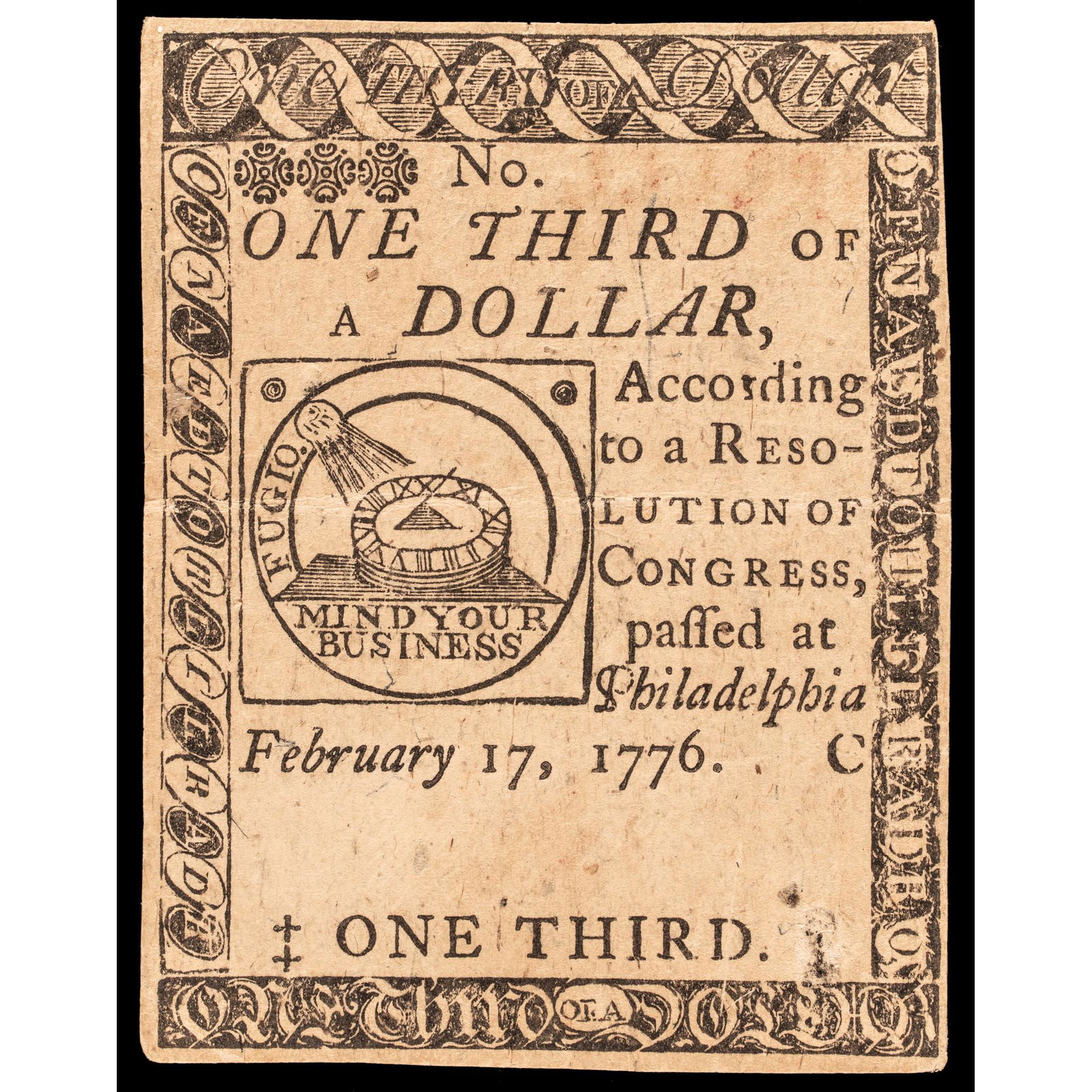 Continental Congress. Feb. 17, 1776 $1/3 Fugio Note, Benjamin Franklin ...