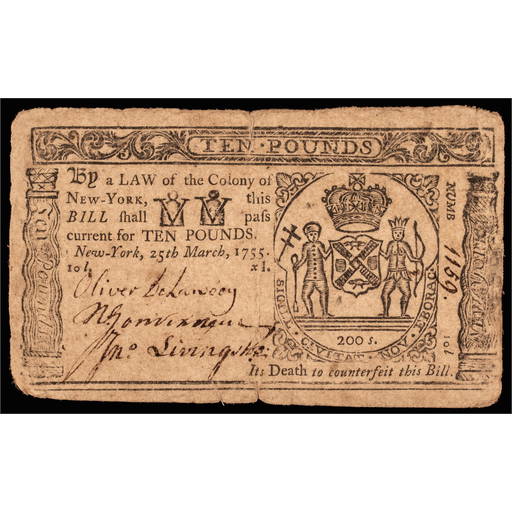 Colonial Currency, New York, March 25, 1755, Ten Pounds Note, Pmg ...