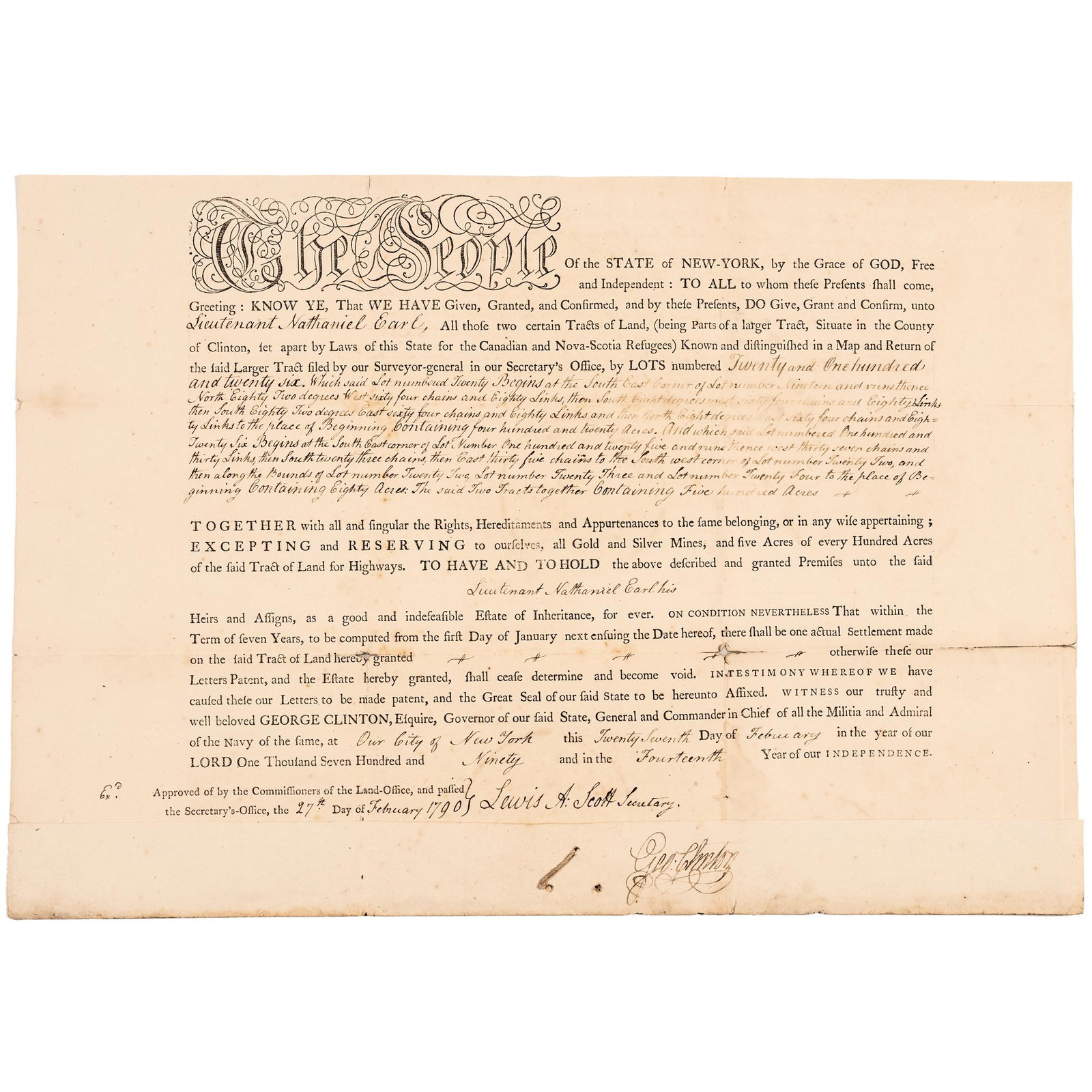 1790 George Clinton Founding Father Signed Huge Land Grant As Governor ...
