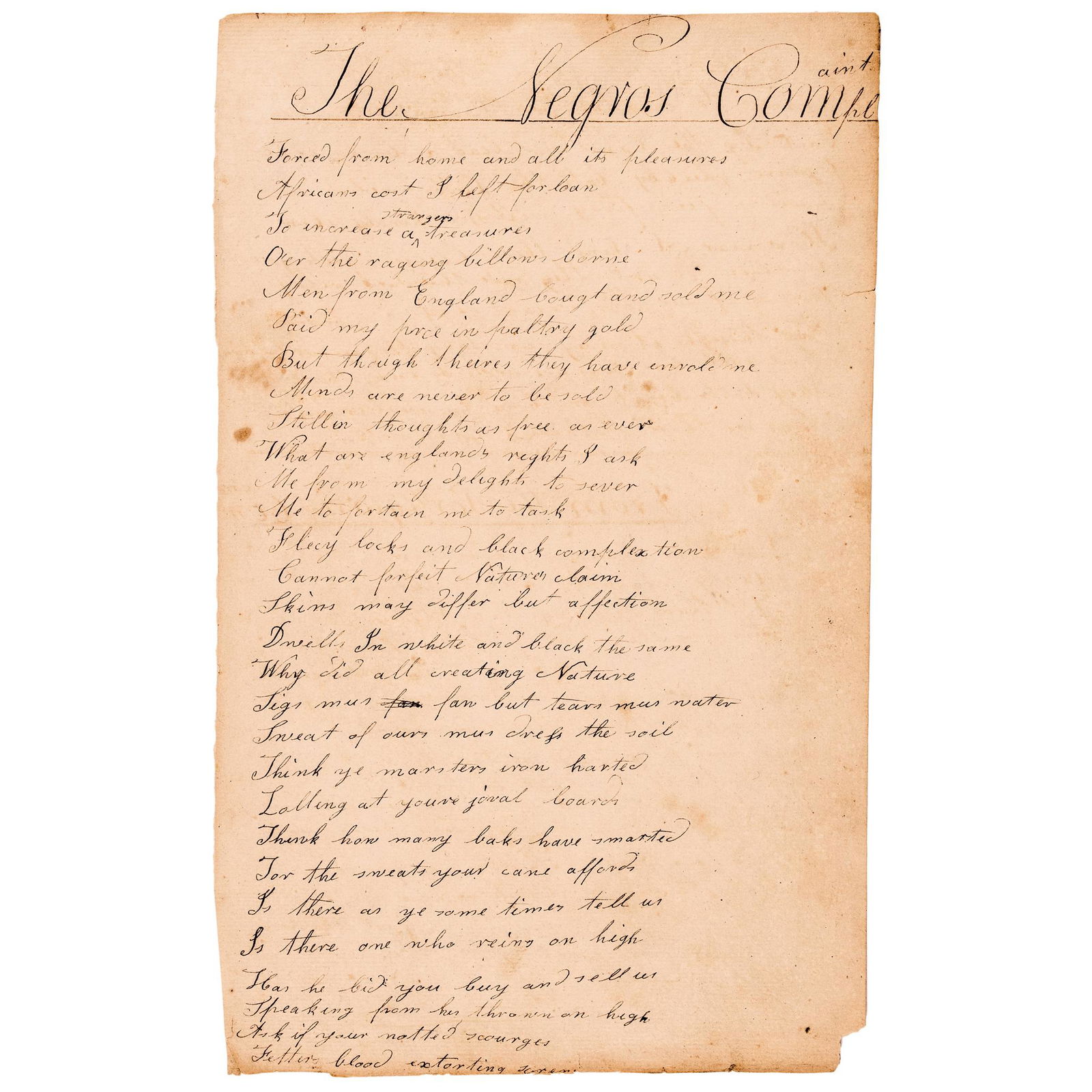 1788 The Negros Complaint, Manuscript Poem Written + Composed By ...