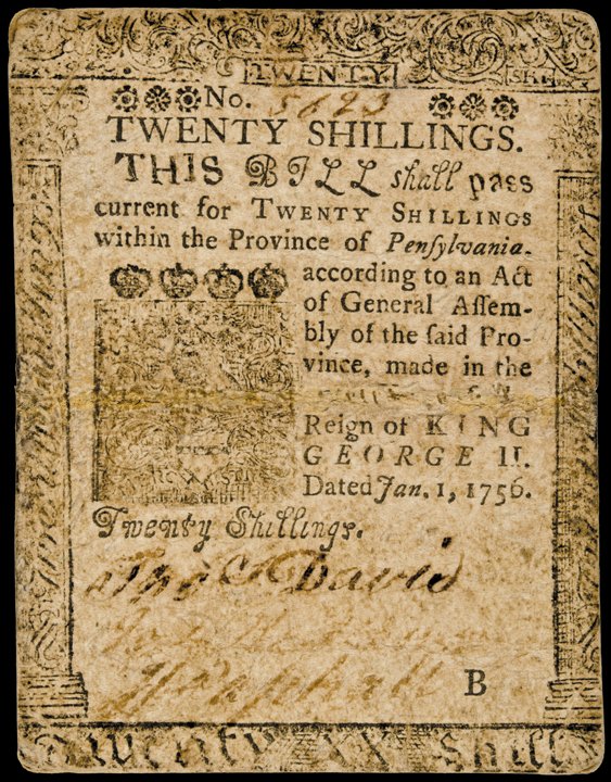 Colonial Currency, Printed by B. FRANKLIN, 1756, PA 20s