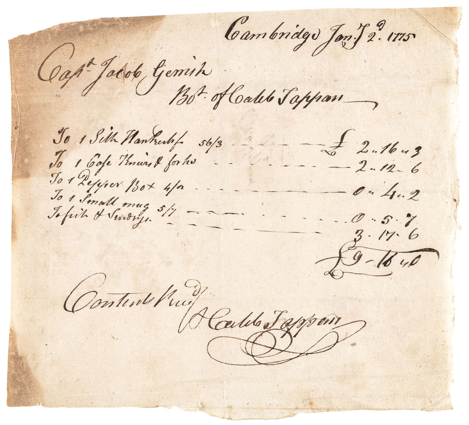1775 Revolutionary War Period Invoice For Goods Purchased By Capt ...