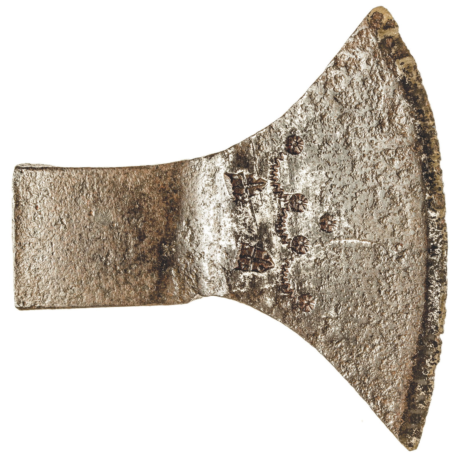 C. 1650 17th Century Hand Wrought Iron Axe Head With Multiple Makers Marks