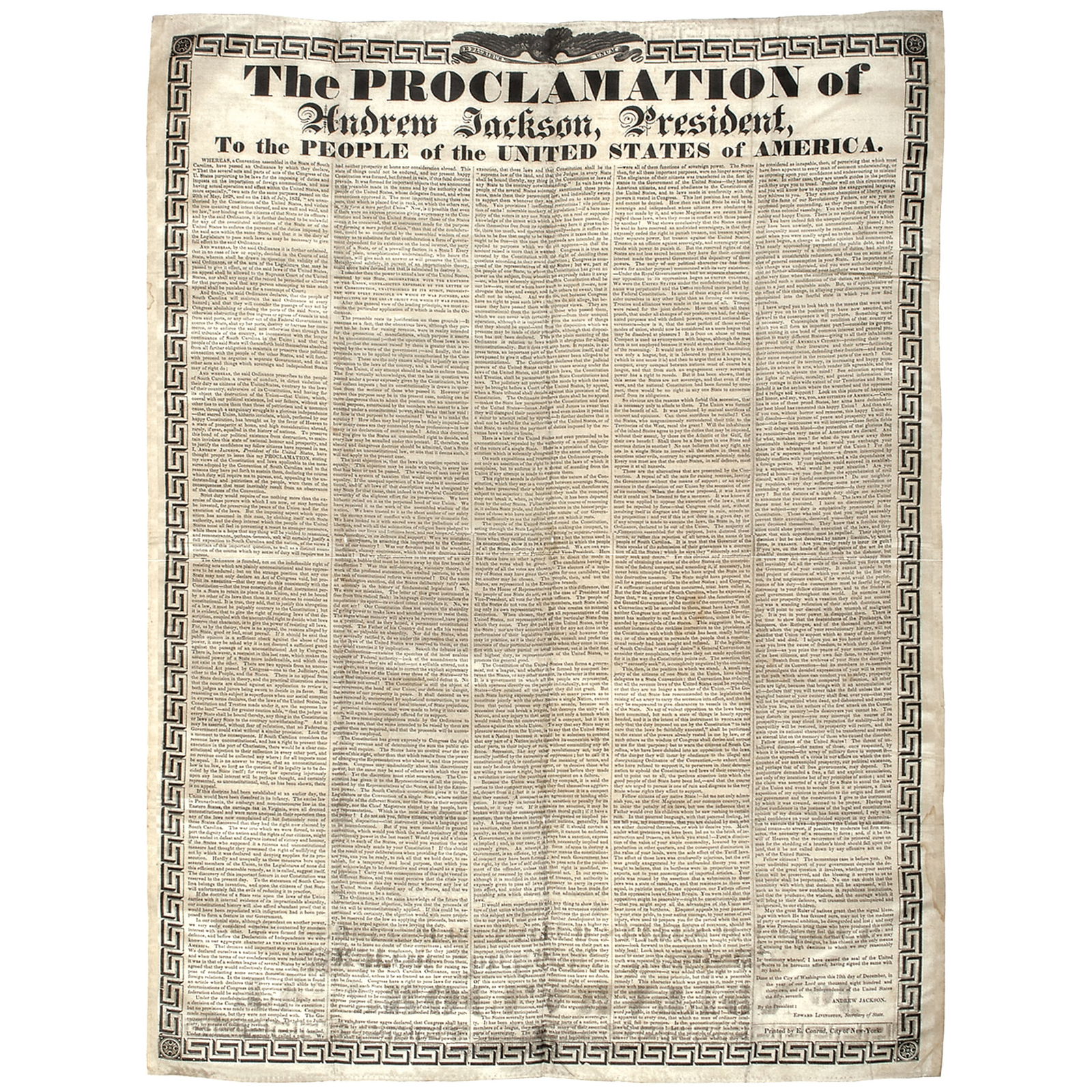1832 Andrew Jackson's Nullification Proclamation Broadside Printed On ...