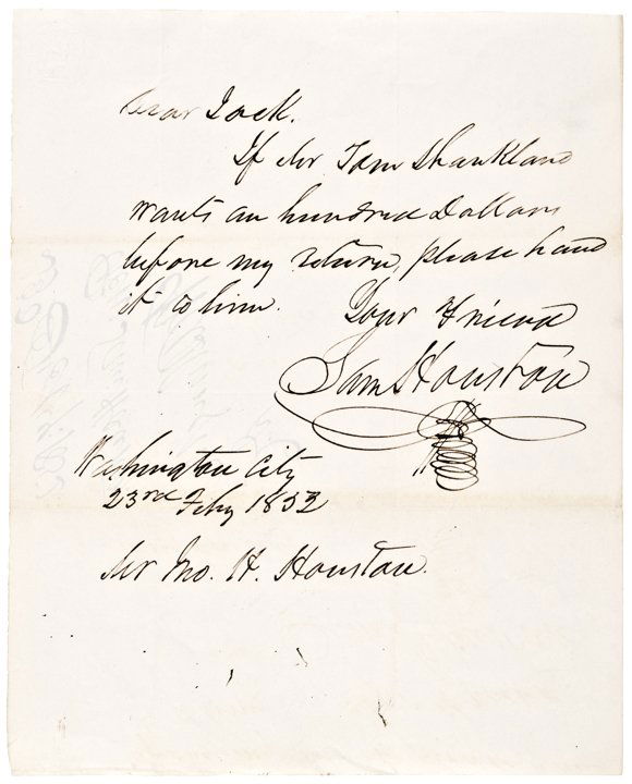 SAMUEL “SAM” HOUSTON Autograph Letter Signed 1852 - Aug 26, 2012 ...