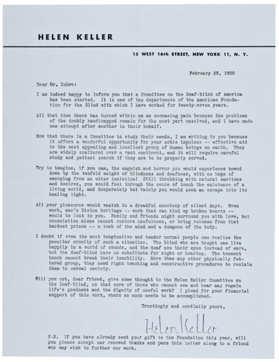 HELEN KELLER, 1950 Typed Letter Signed - Aug 26, 2012 | Early American ...