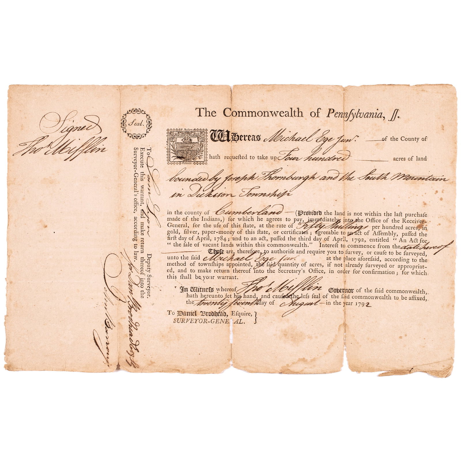 1792 Thomas Mifflin Boldly Signed Land Grant Document As The Governor ...