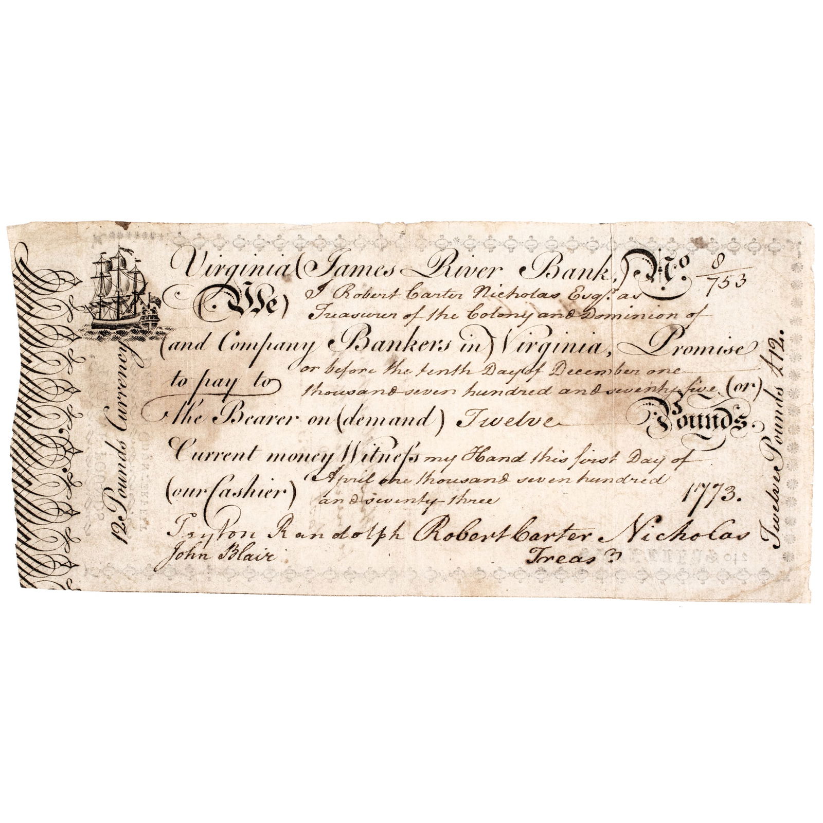 Colonial Currency, Virginia, April 1, 1773, Twelve Pounds Signed By ...