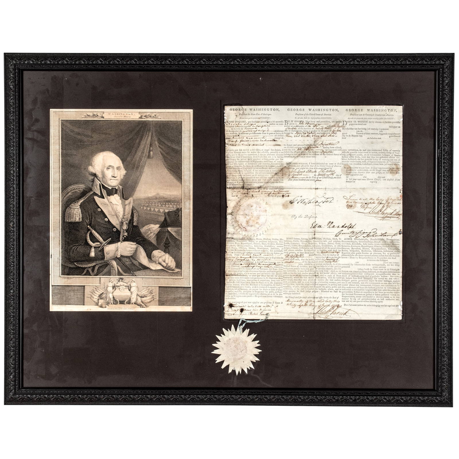 1794 George Washington Signed 3 Language Ships Paper Display Framed ...