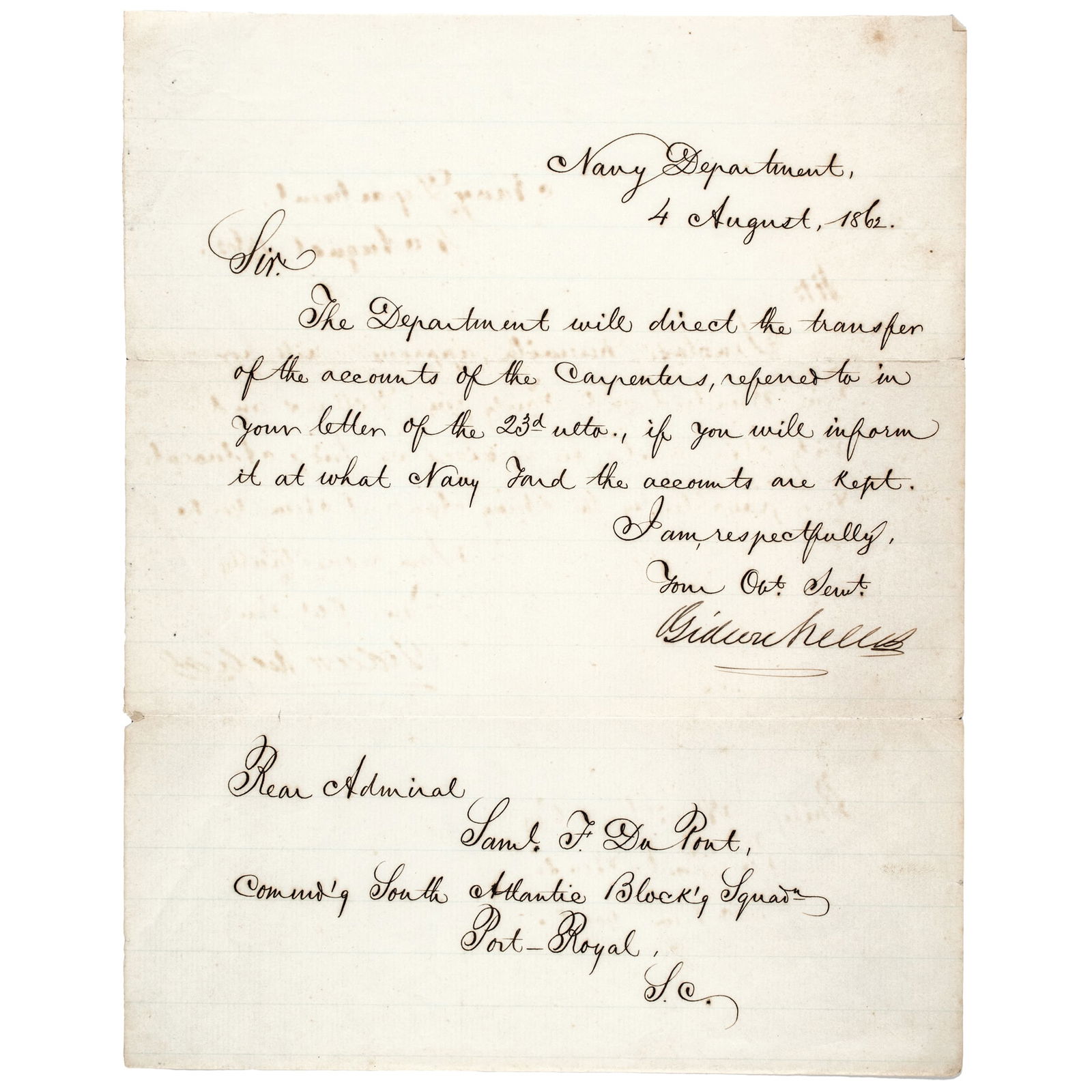 Gideon Welles August 4, 1862 Civil War Signed Naval Letter To Admiral ...