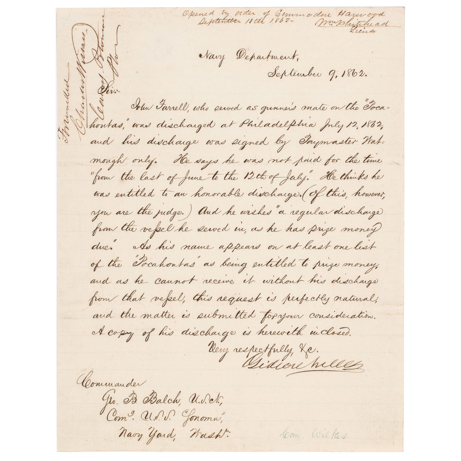 1862 Gideon Welles Ls As Secy Of The Navy Re: Prize Money + Signed ...