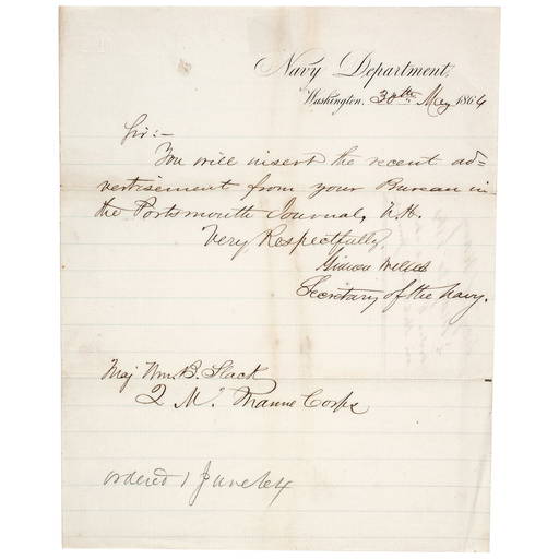 Gideon Welles 1864 Signed Letter With Gideon And Mrs. Welles' Personal ...