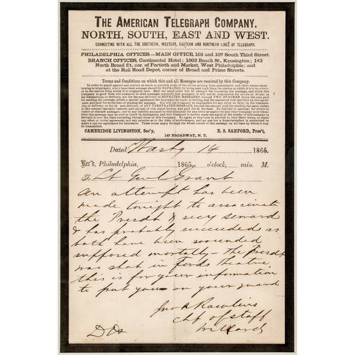 April 14, 1865 Original Telegram To Genl. U.s. Grant Re: Assassination ...