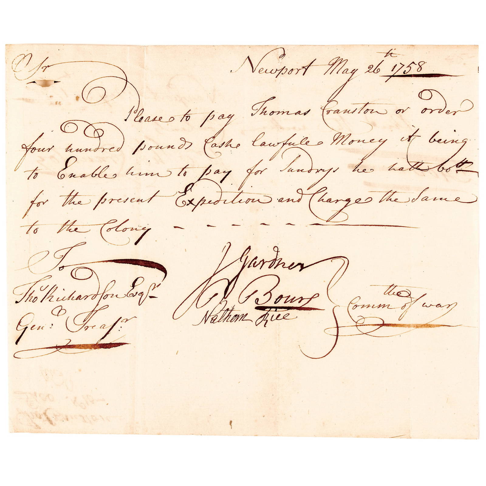 Thomas Cranston Signed Rhode Island, Seven Years War Pay Order From The ...