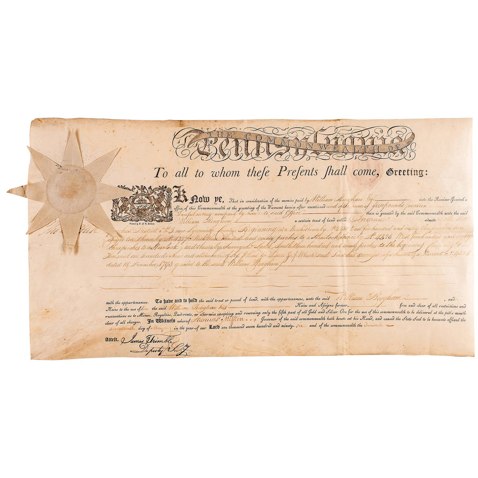 1796 Governor Thomas Mifflin Signed Land Grant To American Statesman ...