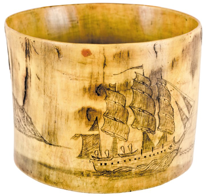 Beautiful Scrimshaw Engraved Ox Horn Drinking Cup