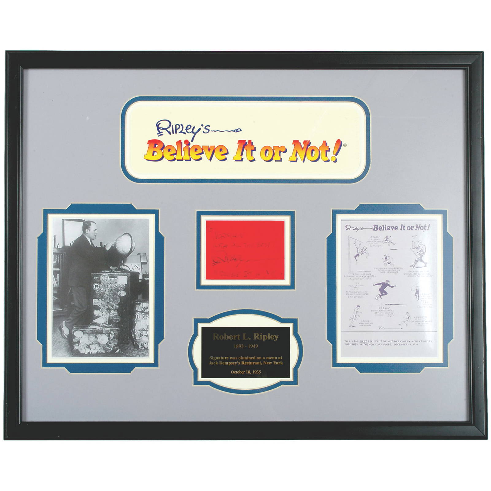 Robert L. Ripley Signature, Of Believe It Or Not! Fame, Framed For ...
