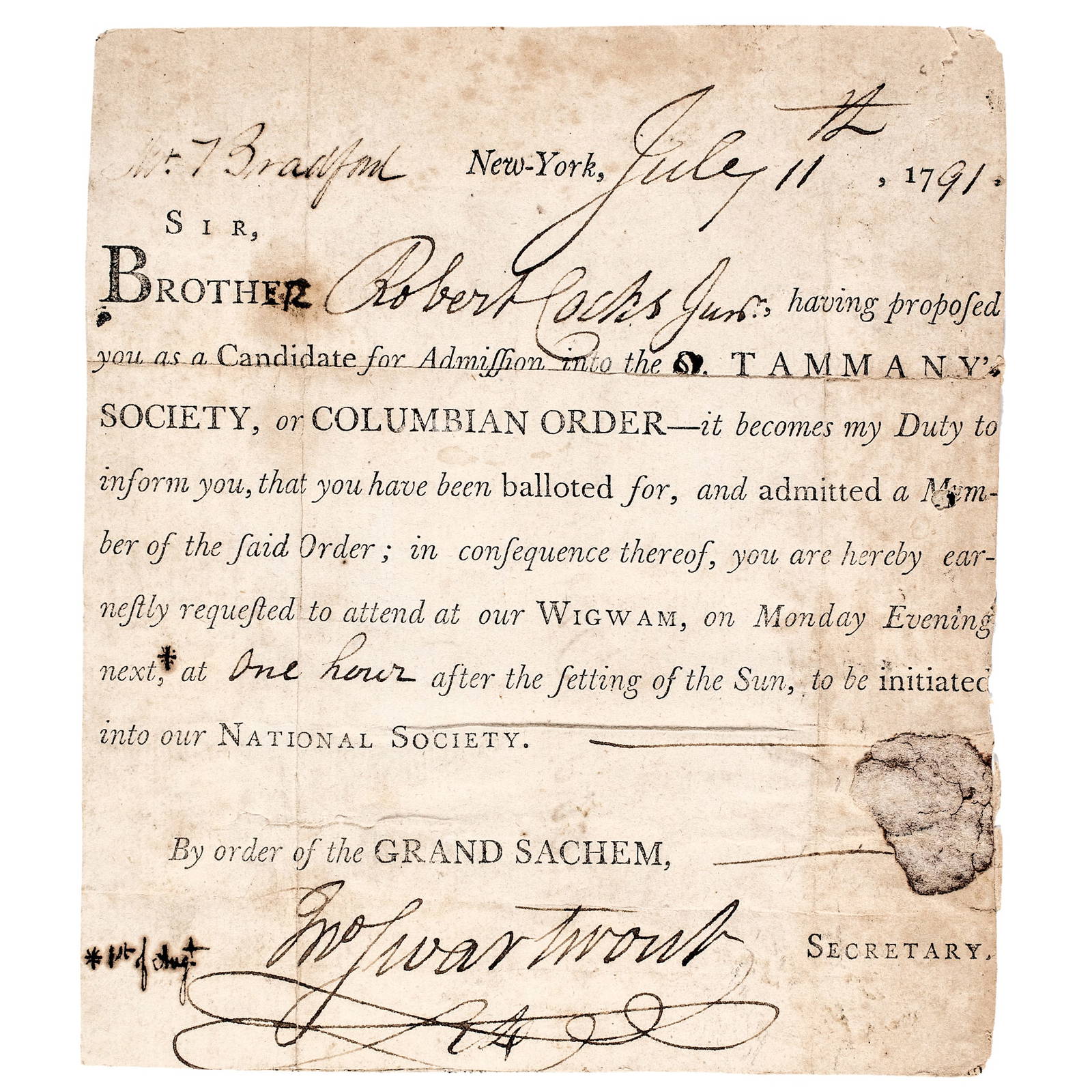 1791 The New-york Tammany Society Admits A New Member Form Signed By ...