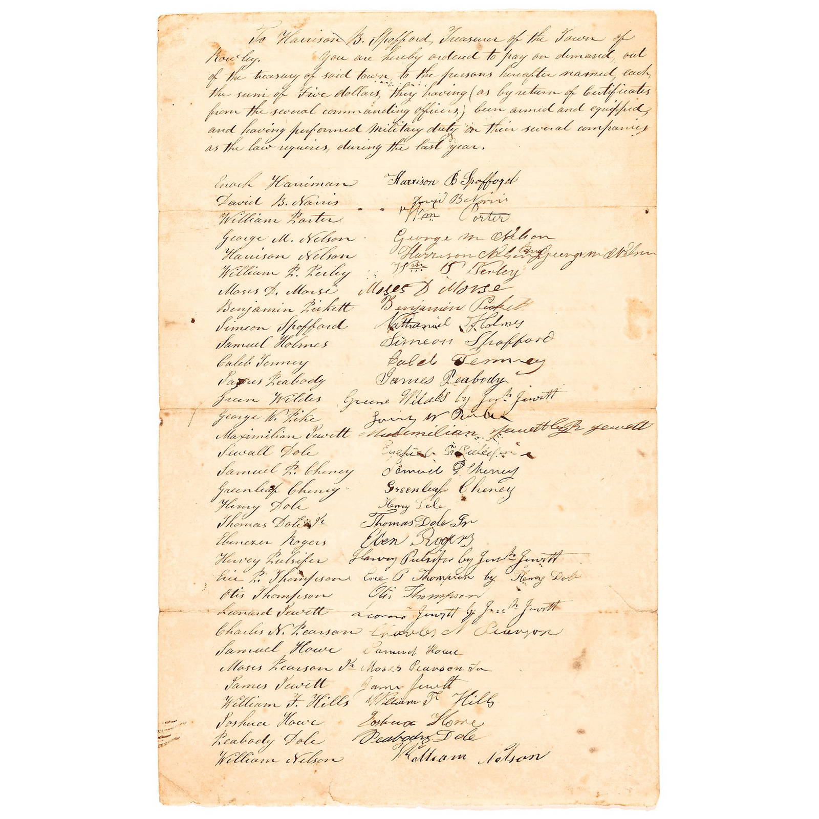 1835 Massachusetts Military Pay Order Document With 65 Individual ...