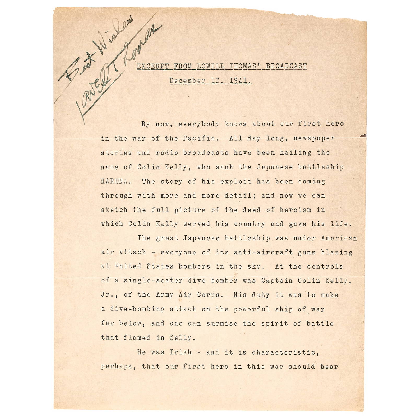 Lowell Thomas Signed Dec 12, 1941 Broadcast Capt. Colin Kelly Sinking ...